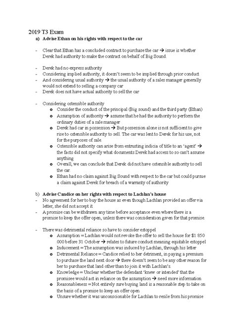 Class 10b Exam Revision 2019 T3 Exam A Advise Ethan On His Rights With Respect To The Car