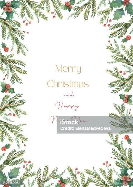 수채화 벡터 크리스마스 홀리데이 카드 전나무 가지와 흰색 배경에 고립 된 복사 공간 엽서 커버 전단지 카드 디자인 새해 초대장 결혼식에 적합합니다 크리스마스에 대한 스톡