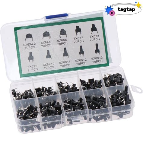 Tatagtap 200 ชิ้น Micro Momentary Switch Mini 4 Pin Tactile Push Button Kit Assortment 6x6 Mm