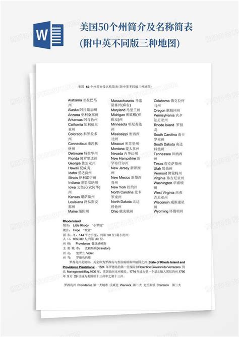 美国50个州简介及名称简表 附中英不同版三种地图 Word模板下载 编号qjxgwvdz 熊猫办公