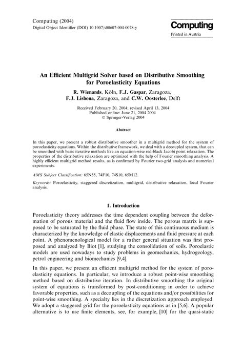 Pdf An Efficient Multigrid Solver Based On Distributive Smoothing For Poroelasticity Equations