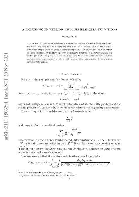 Pdf A Continuous Version Of Multiple Zeta Functions