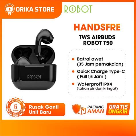 Jual Tws Robot Headset Bluetooth T50 Earphone Wireless True Bluetooth Earbuds Putih Garansi