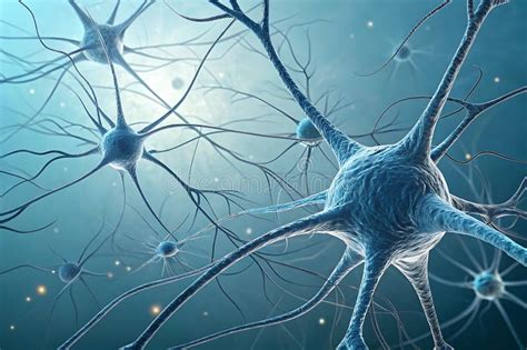 Close Up View Of Nerve Cells With Axons And Dendrites Against A Blue Background Stock