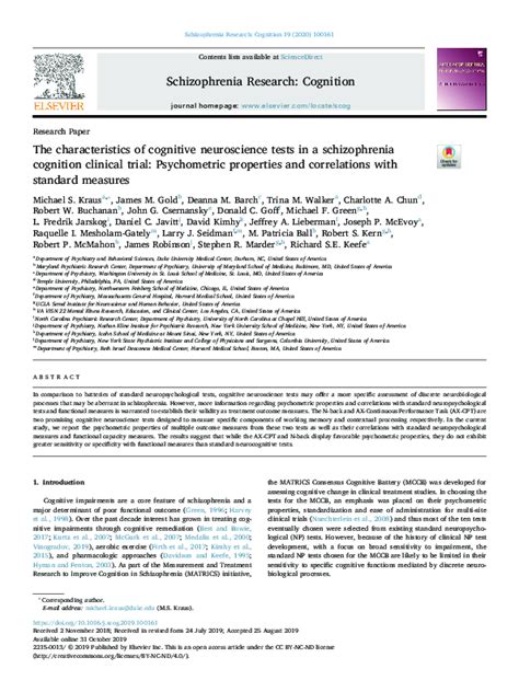 Pdf The Characteristics Of Cognitive Neuroscience Tests In A Schizophrenia Cognition Clinical