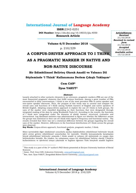 Pdf A Corpus Driven Approach To I Think As A Pragmatic Marker In Native And Non Native Discourse