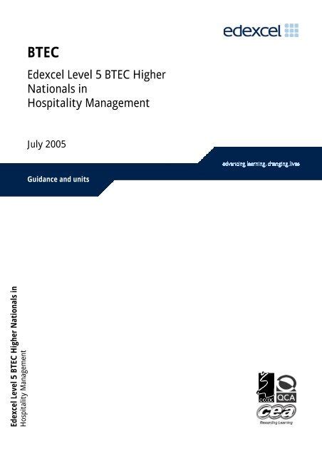 Edexcel Level 5 Btec Higher Nationals In Hospitality Management