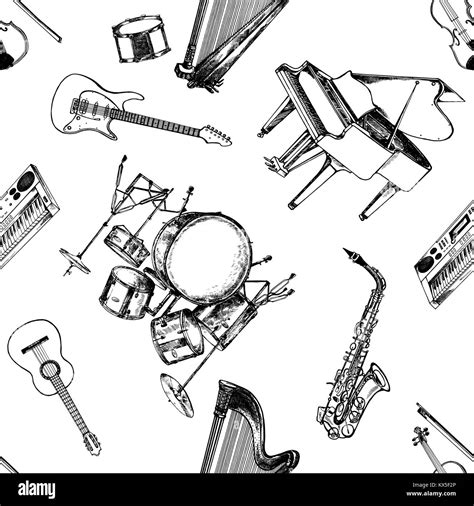 Seamless Pattern Of Hand Drawn Sketch Style Musical Instruments Vector Illustration Isolated On
