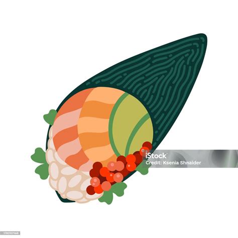 Temaki 초밥 벡터 아이콘입니다 쌀 연어 참치 새우 아보카도 캐비어를 김으로 감싼 원뿔 모양의 아시안 롤 맛있는 생선 스낵 흰색에 분리 된 해산물 Flat Cartoon