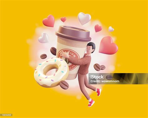 도넛과 콩이 있는 노란색 배경에 커피잔과 하트를 가진 행복한 남자의 3d 그림 구름에서 커피 컵으로 날아가는 남자 캐릭터의 3d