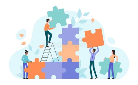 Teamwork Cooperation To Connect Puzzle Solution Tiny People Holding Jigsaw Piece To Fit Stock