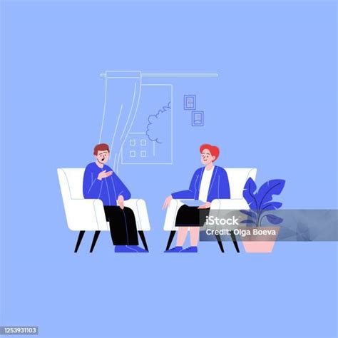 여성 정신 전문가와 치료 세션에 참석 하는 남자 개인 심리 치료 세션 치료사 사무실에서 심리학자와의 대화 걱정하는에 대한 스톡 벡터 아트 및 기타 이미지 Istock