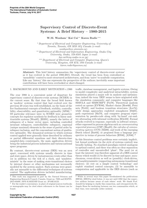 Pdf Supervisory Control Of Discrete Event Systems A Brief History 1980 2015