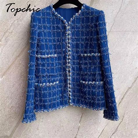 여성용 빈티지 블루 트위드 재킷 우아한 우븐 울 및 혼방 코트 럭셔리 디자이너 의류 아우터 가을 겨울 2023 Aliexpress