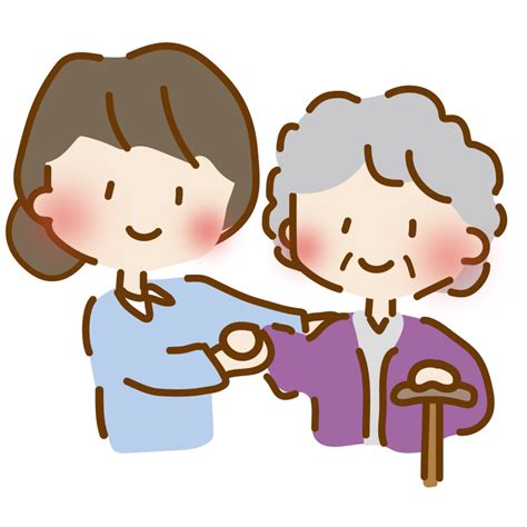歩行介助をするゆるくて可愛い女性の介護士1の無料 フリー イラスト かわいい手描きの無料素材「てがきっず」保育園・小学校・介護施設に