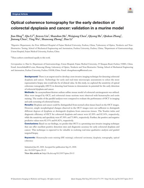 Pdf Optical Coherence Tomography For The Early Detection Of Colorectal Dysplasia And Cancer