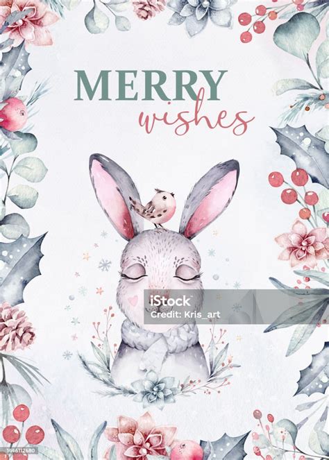 수채화 새해 아기 토끼 초상화 일러스트 레이션 오스터 메리 크리스마스 엽서 꽃 화환에 귀여운 만화 토끼 2023 년의 상징 트렌디 한 보육 디자인 0명에 대한 스톡 벡터