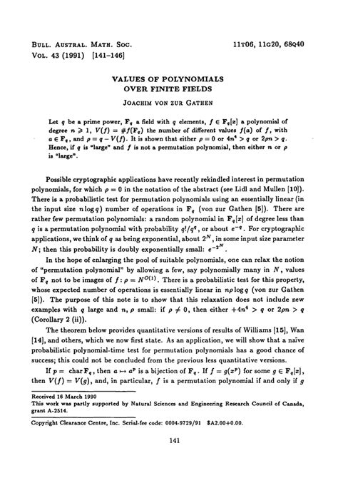 Pdf Values Of Polynomials Over Finite Fields