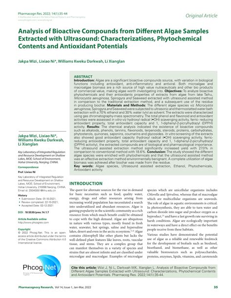 Pdf Analysis Of Bioactive Compounds From Different Algae Samples Extracted With Ultrasound