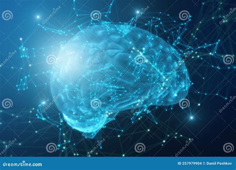 Artificial Intelligence And Machine Learning Concept With Blue Glowing Digital Human Brain With