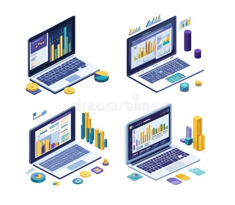 Isometry Notebook Business Analytics Concepts Laptop Chart Bars Diagrams Graphs Pointers