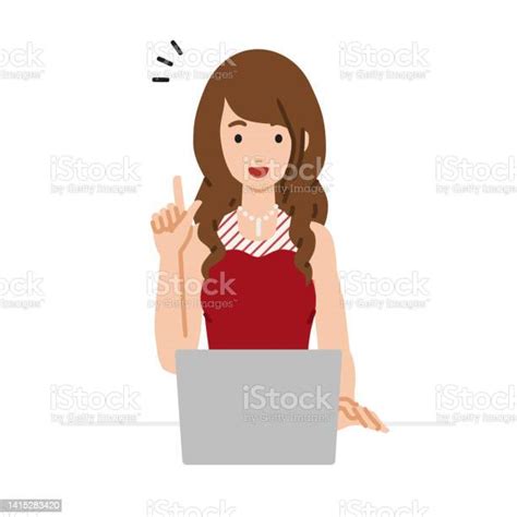 랩톱 컴퓨터를 사용하여 옷을 입은 한 여성이 책상에서 손짓을 가리키며 아이디어를 얻습니다 가리키기에 대한 스톡 벡터 아트 및 기타 이미지 가리키기 경영자 계획