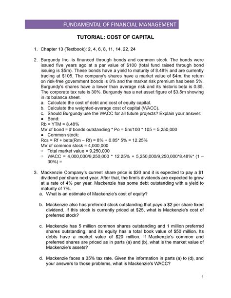 WACC Handout FUNDAMENTAL OF FINANCIAL MANAGEMENT TUTORIAL COST OF
