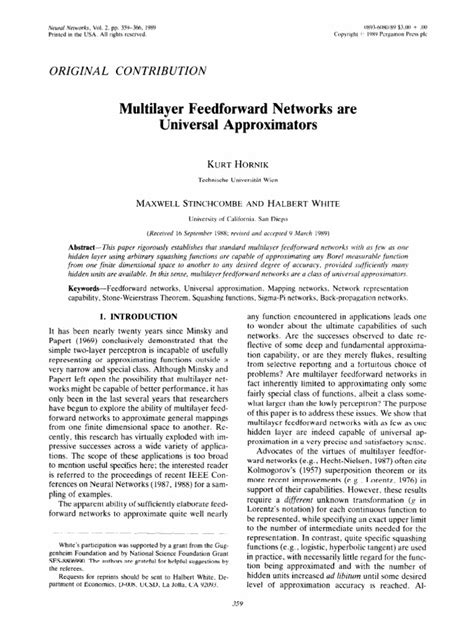 Multilayer Feedforward Networks Are Universal Approximators Pdf Download Free Pdf Compact