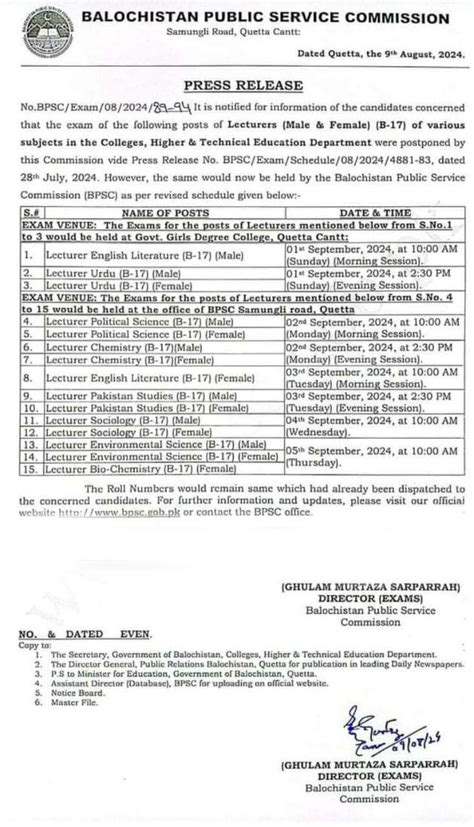 BPSC Lecturer Revised Schedule Balochistan Jobs