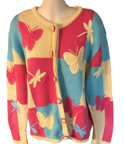 Vintage Spring Butterfly Cardigan Hand Embroidery Sz L Embroidered