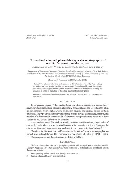 Pdf Normal And Reversed Phase Thin Layer Chromatography Of New 16 17 Secoestrone Derivatives