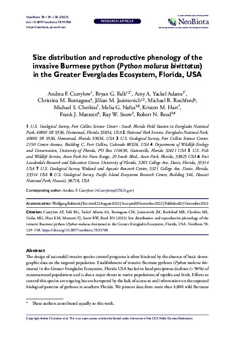 Pdf Size Distribution And Reproductive Phenology Of The Invasive Burmese Python Python