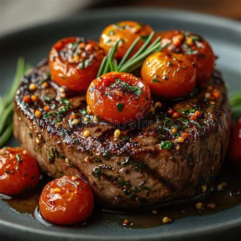 Grilled Beef Filet Mignon With Roasted Cherry Tomatoes And Rosemary Garnish Close Up Gourmet