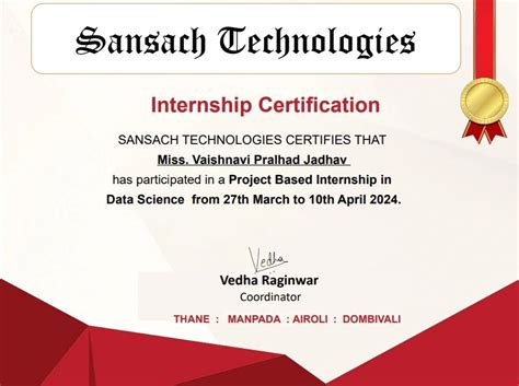Completed Data Science Internship At Sansach Technologies Vaishnavi Jadhav Posted On The Topic