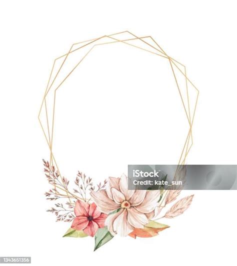 수채화 식물 삽화 황금 테두리와 야생 꽃과 가을 프레임 부드러운 모란 붉은 꽃 아티 초크 가지 잎 결혼식 초대장 프레임 포스터 패키지에 적합 가을에 대한 스톡 벡터 아트 및