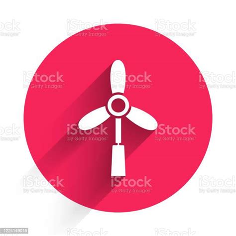 긴 그림자로 격리 된 흰색 풍력 터빈 아이콘입니다 풍력 발전기 기호입니다 전력 생산을 위한 풍차 빨간색 원 버튼입니다 벡터