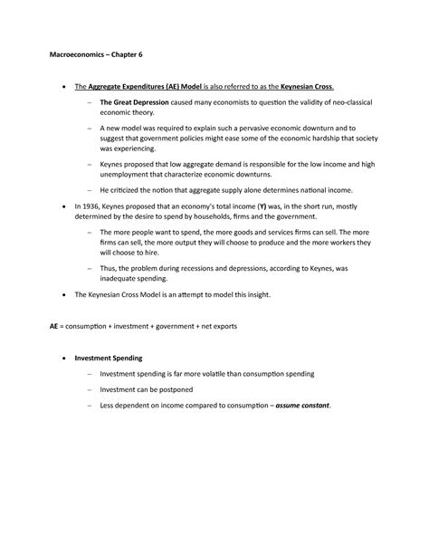 ECON Summary Chapter 6 Macroeconomics Chapter 6 The Aggregate Expenditures AE Model Is