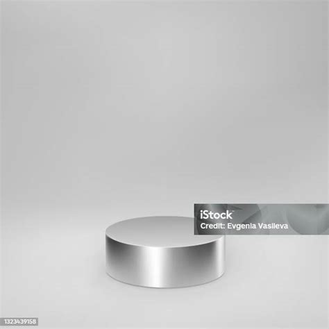 회색 배경에 격리 된 원근이있는 실버 3d 실린더 전면 보기 실린더 기둥 크롬 강관 박물관 무대 받침대 또는 제품 연단 3d 기하학적 형상 벡터 3차원 형태에 대한 스톡