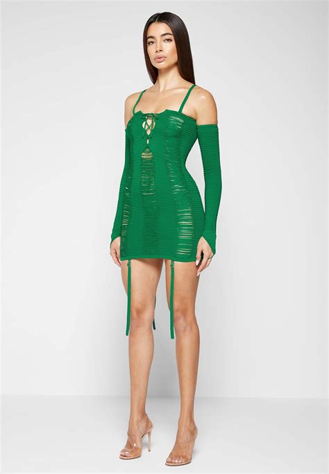 Laddered Knit Mini Dress With Sleeves Green Manière De Voir