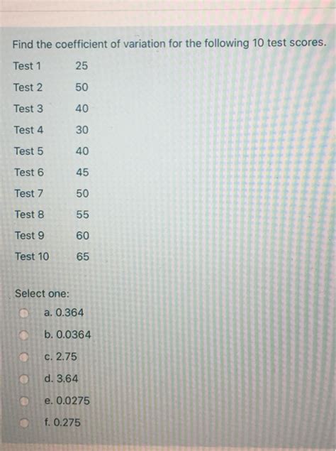 Solved Find The Coefficient Of Variation For The Following Chegg