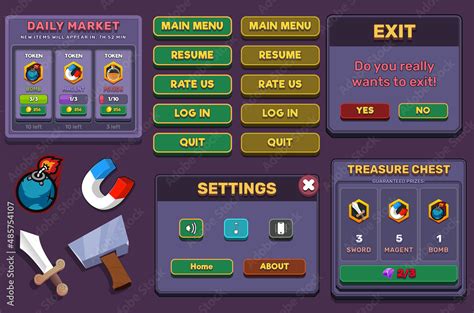 Action Game Ui Kit Menus Pop Up Screens And Game Elements Stock Vector Adobe Stock