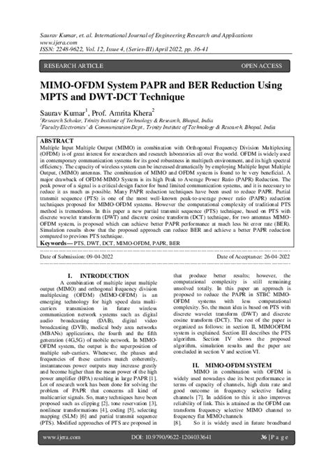 Pdf Mimo Ofdm System Papr And Ber Reduction Using Mpts And Dwt Dct