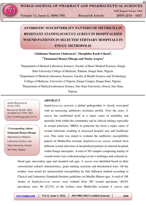 Pdf Antibiotic Susceptibility Pattern Of Methicillin Resistant Staphylococcus Aureus In