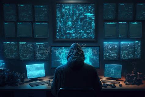 Hacker Works In Dark Room Hooded Cat Uses Computer Illustration Generative Ai Stock