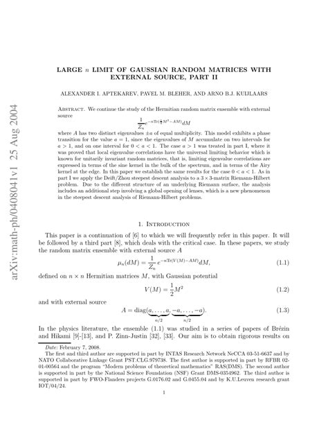 Pdf Large N Limit Of Gaussian Random Matrices With External Source