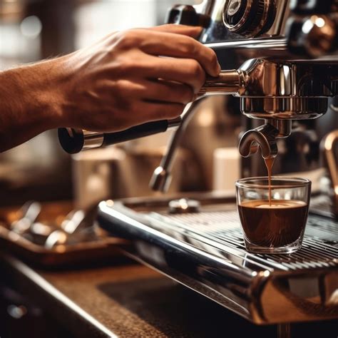 Premium AI Image Barista Hand And Espresso Pouring In A Cup In A Cafe Shop Coffee Maker