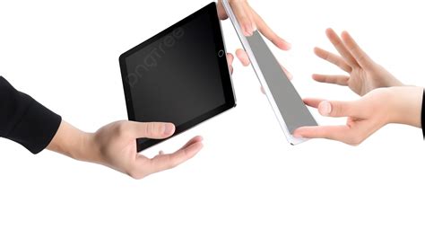 두 사람의 손이 태블릿을 향해 손을 뻗고 있다 3d 그림 손이 흰색 배경에 격리된 태블릿 Pc를 잡고 가리키고 있습니다