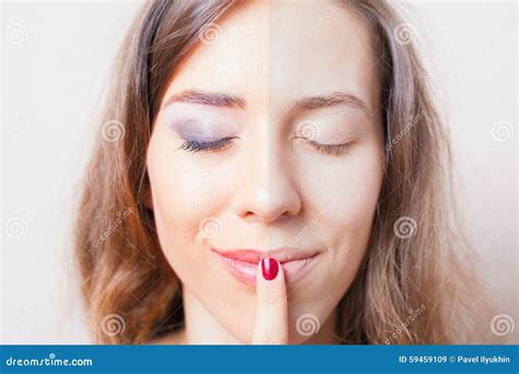 Half Face Women S Makeup Before And After Processing Stock Image