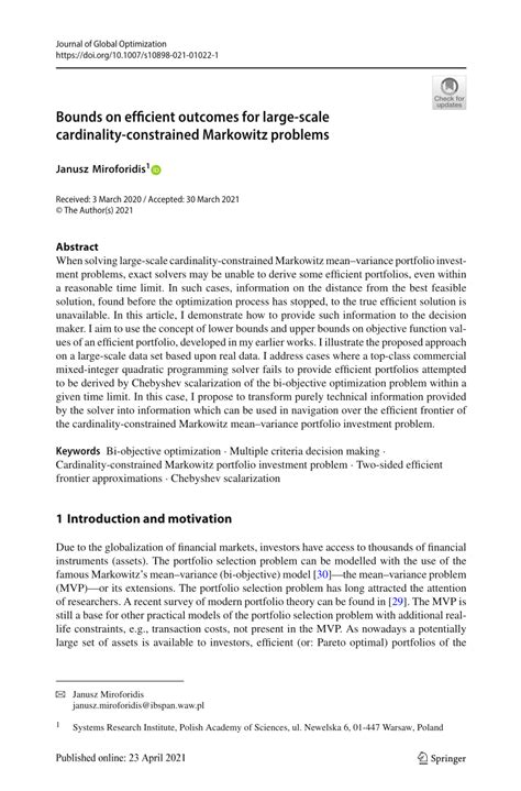 Pdf Bounds On Efficient Outcomes For Large Scale Cardinality Constrained Markowitz Problems