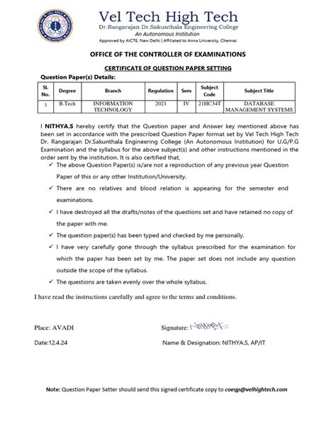 Dbms Certificate Of Qpaper Setting Pdf